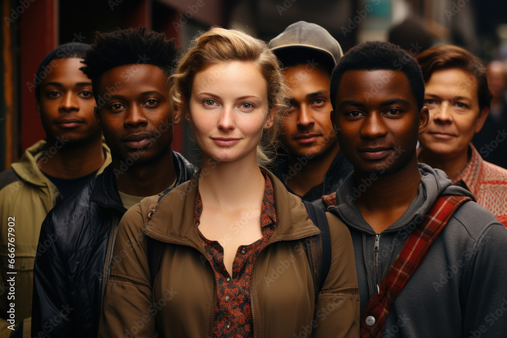 A diverse group of people waiting in line at an immigration office ...