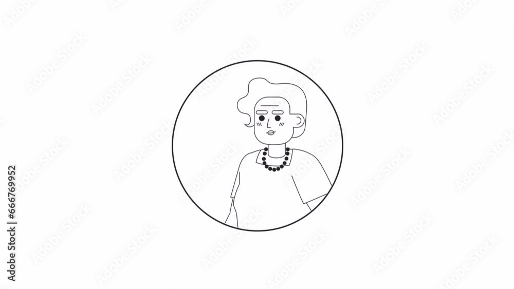 Senior mexican lady saying hi hello black and white 2D avatar animation ...