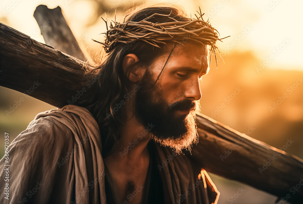 Jesus wearing a crown of thorns with a cross at sunset Stock Photo ...