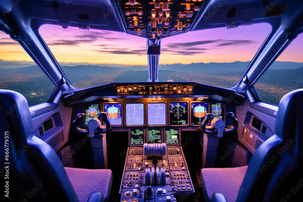 the cockpit of a modern aircraft is a view of the dashboard, the plane ...