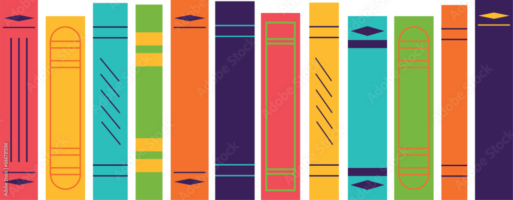 Multicolored book spines. Row books on a transparent background. Vector ...