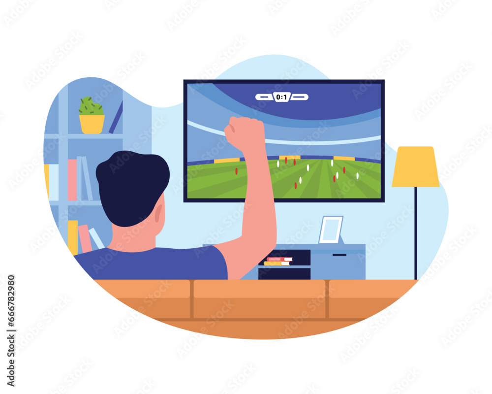 Vector illustration of a back view of a boy watching football. Cartoon ...
