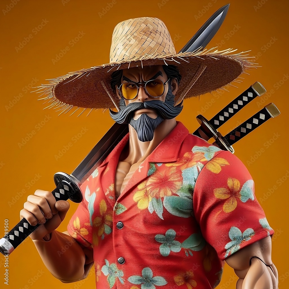 straw hat wearing a Hawaiian shirt and carrying three swords Stock ...
