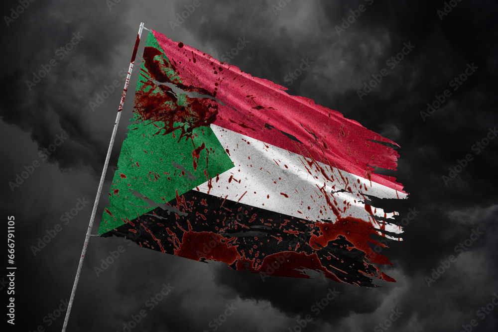 Sudan torn flag on dark sky background with blood stains. Stock ...
