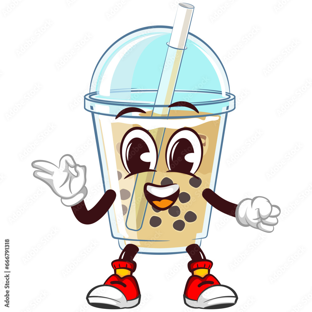 The mascot character of a glass of iced boba with a cute face is ...