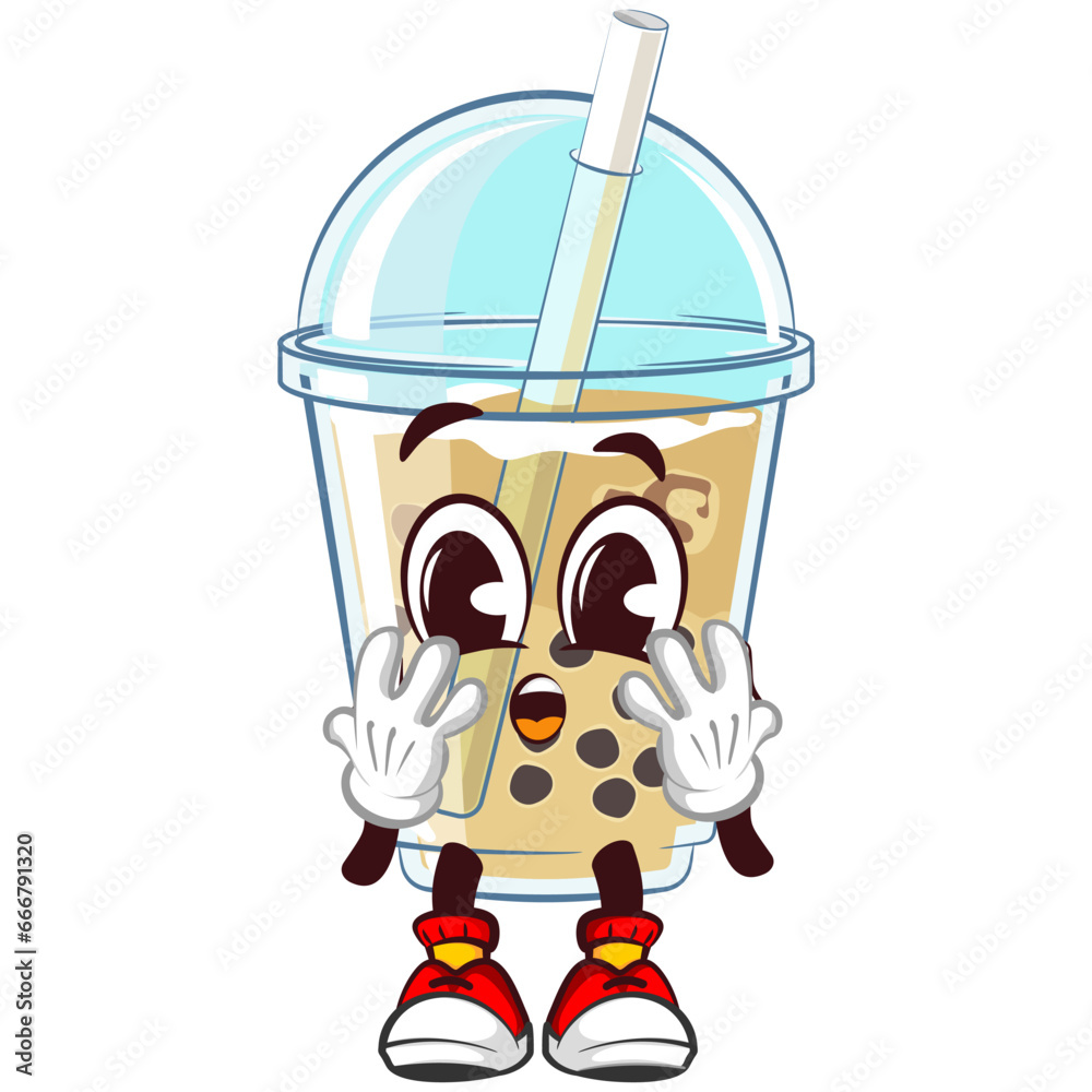the character mascot of a glass of iced boba with a cute face is ...