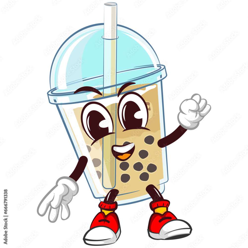 The mascot character of a glass of iced boba with a cute face is ...