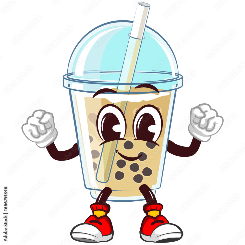 The character mascot of a glass of iced boba with a cute face is ...