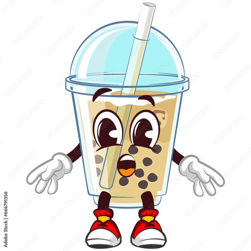 character mascot of a glass of iced boba with a funny surprised face ...