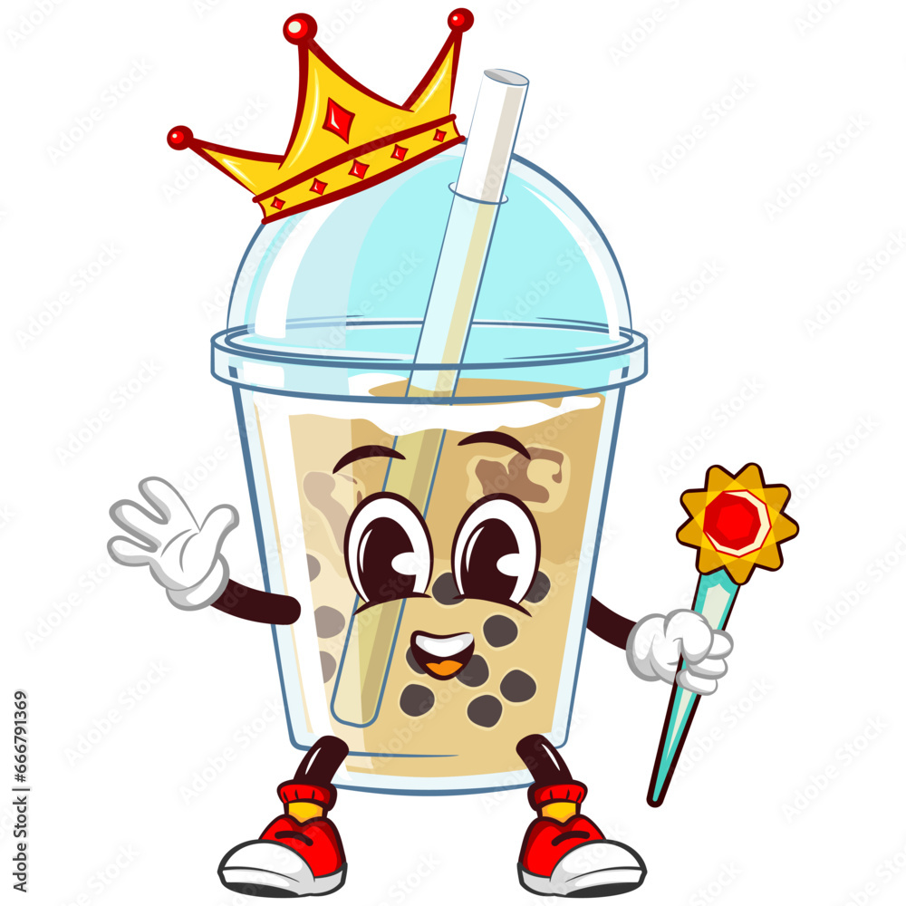 mascot character a glass of iced boba with a funny face of a king with ...