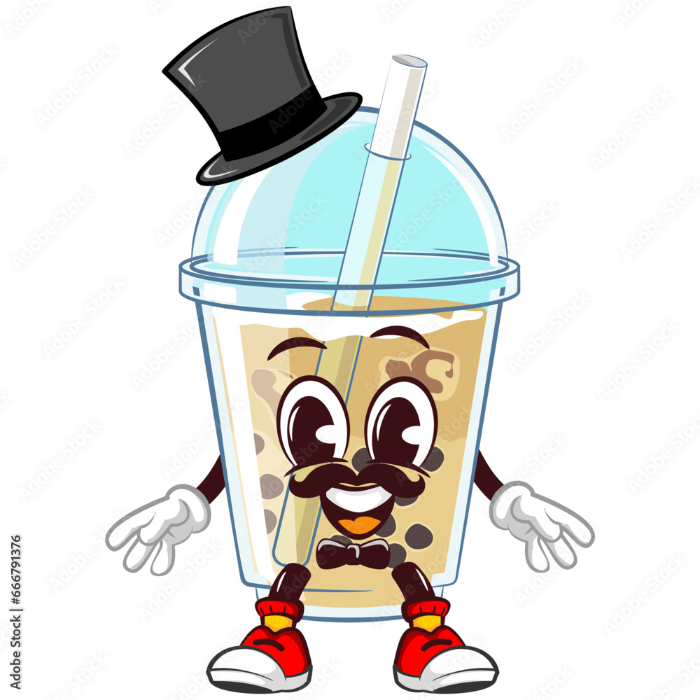 mascot character of a glass of iced boba with a funny face with a ...