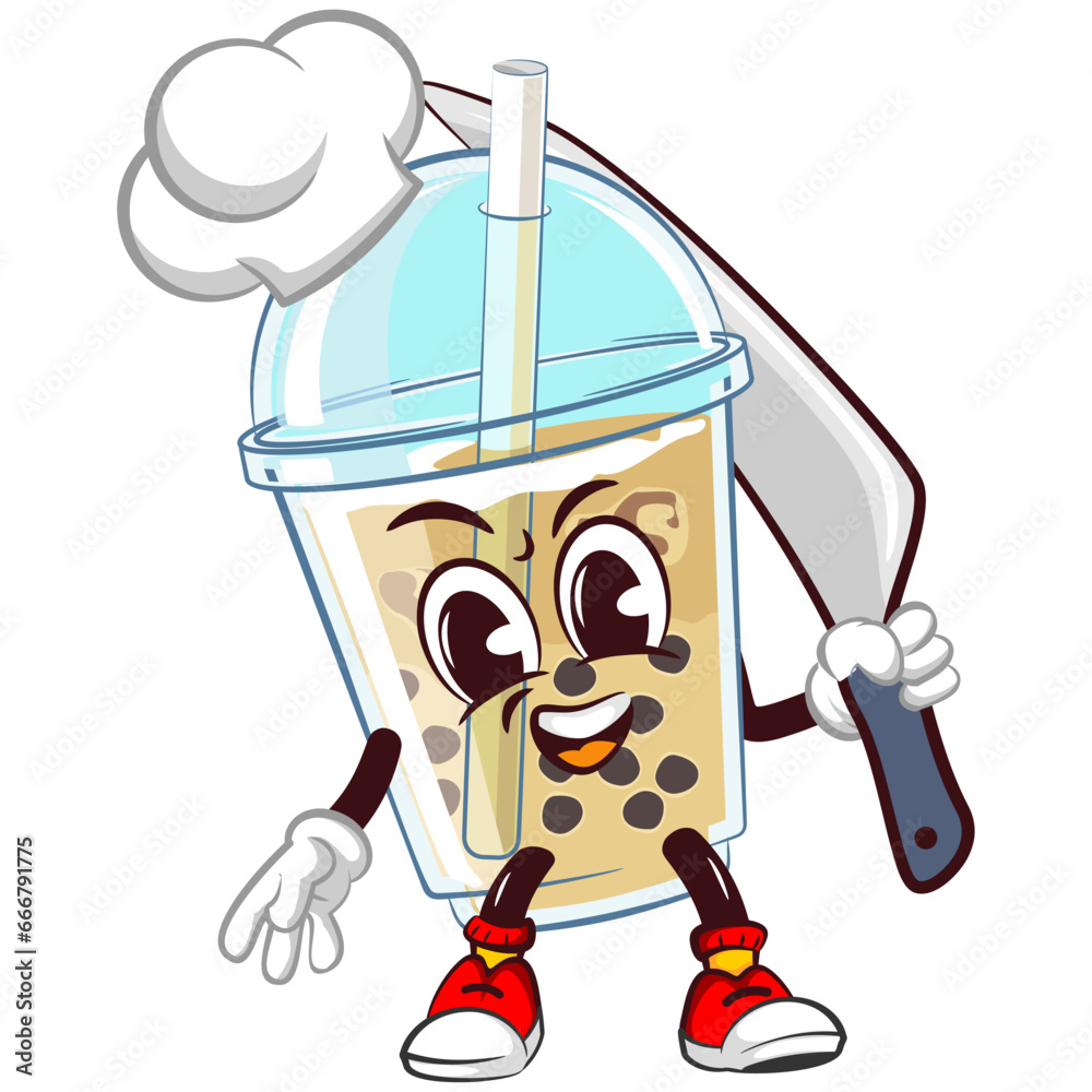 character mascot of a glass of iced boba with a cute face in a chef hat ...
