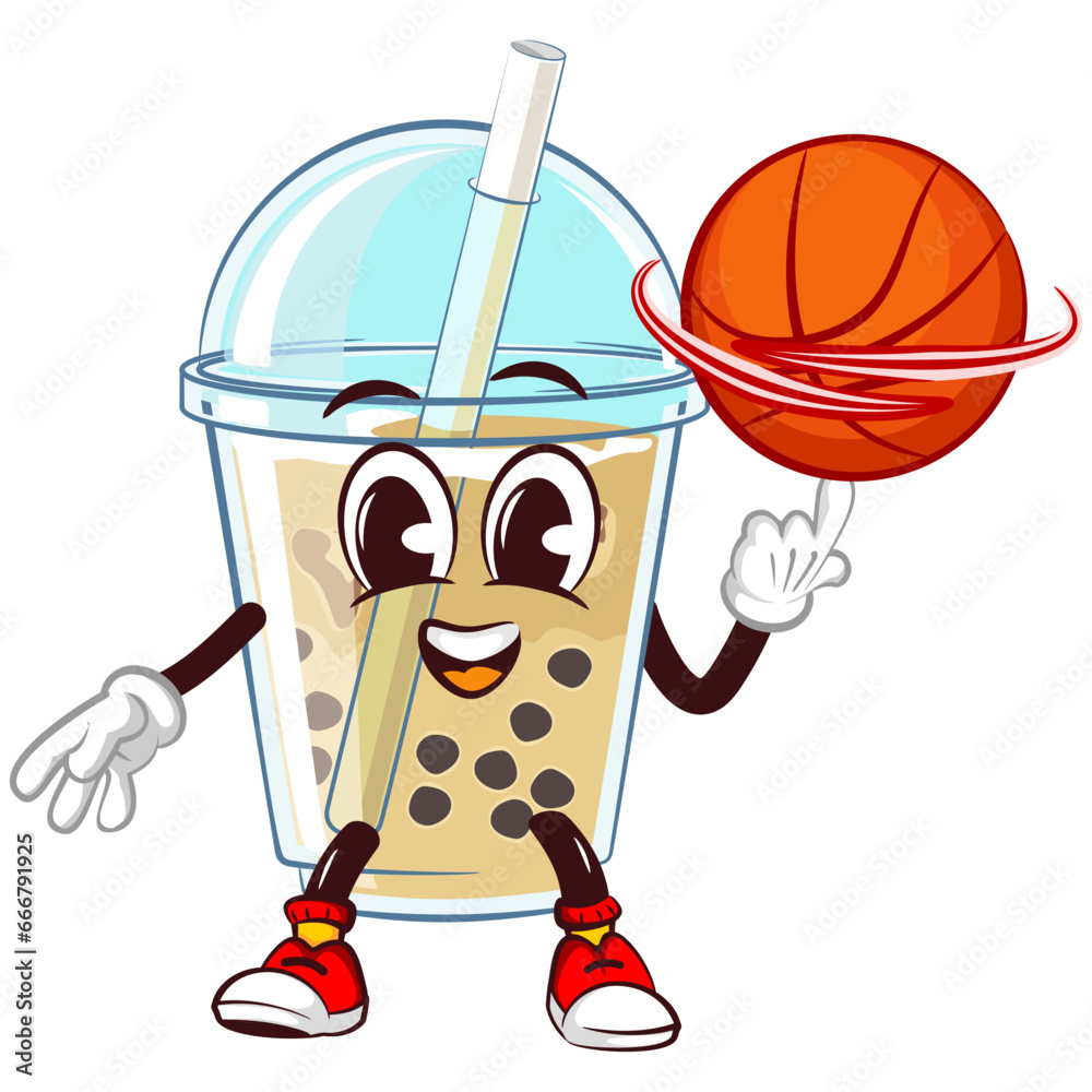 character mascot of a glass of boba ice with a funny face playing ...