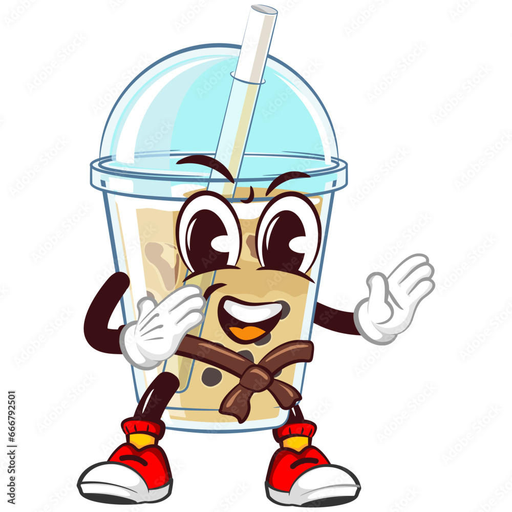 character mascot of a glass of boba ice with a funny face practicing ...