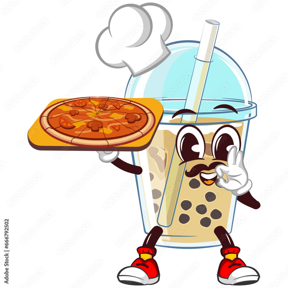 character mascot of a glass of iced boba with a funny mustached face ...