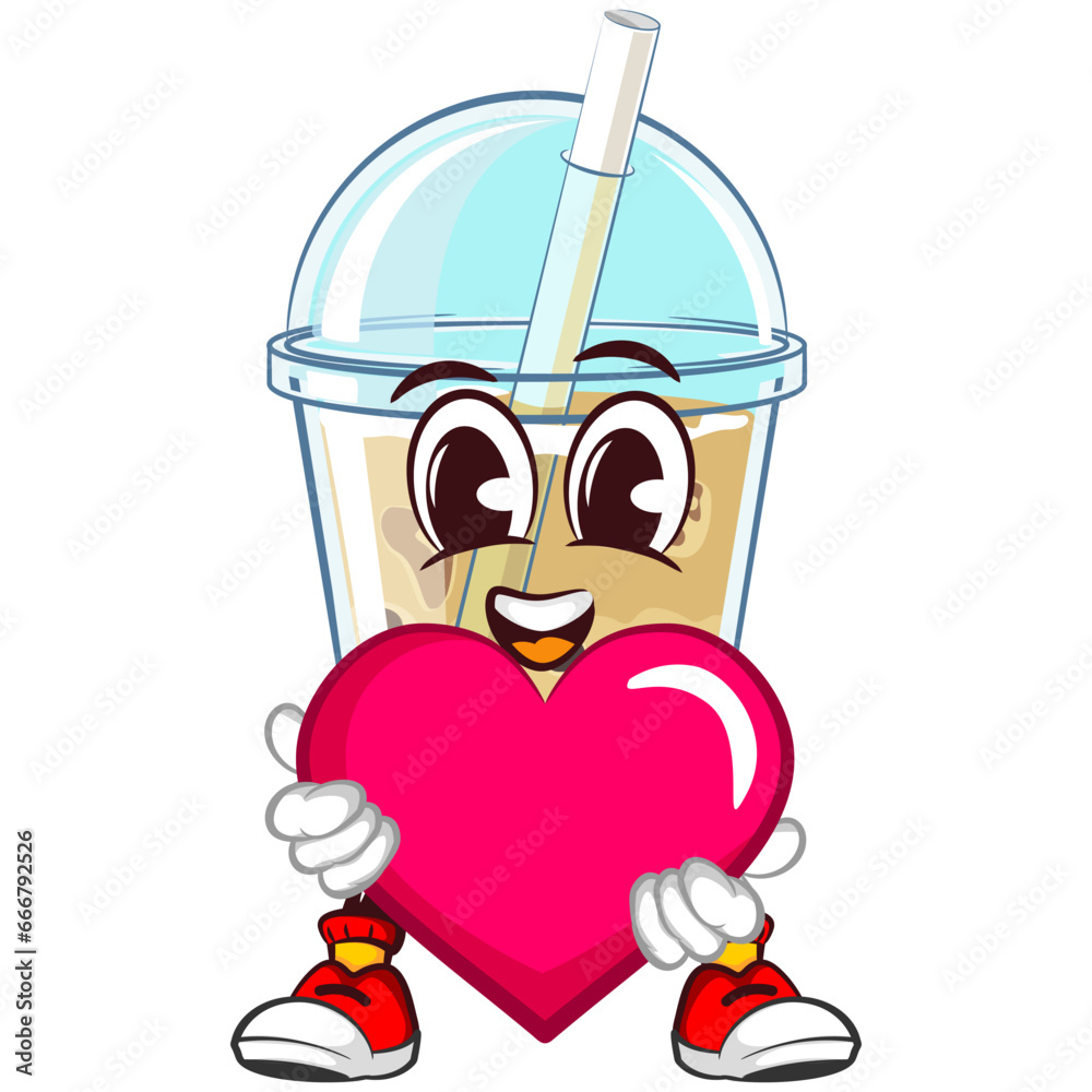 character mascot of a glass of boba ice with a cute face carrying a ...