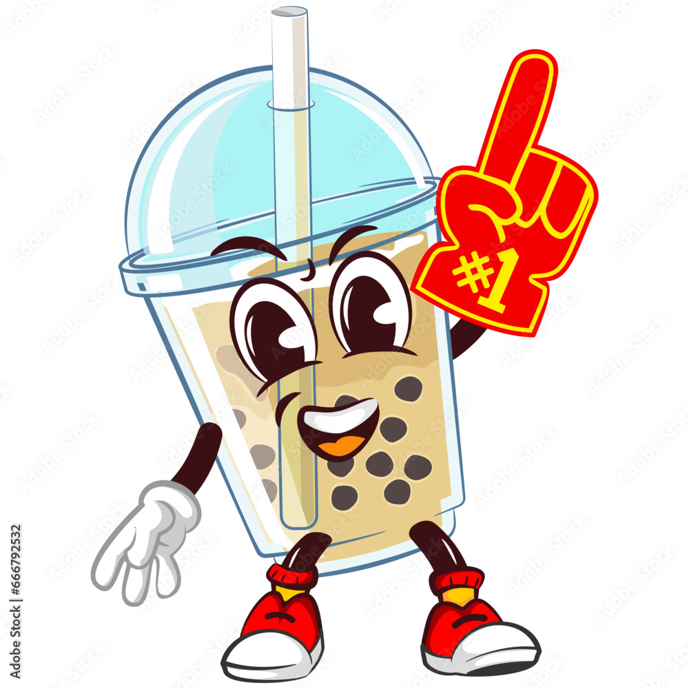 mascot character of a glass of iced boba with a funny face raising a ...