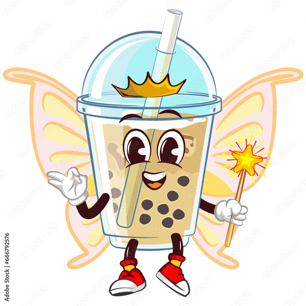 character mascot of a glass of boba ice with a cute face a flying fairy ...
