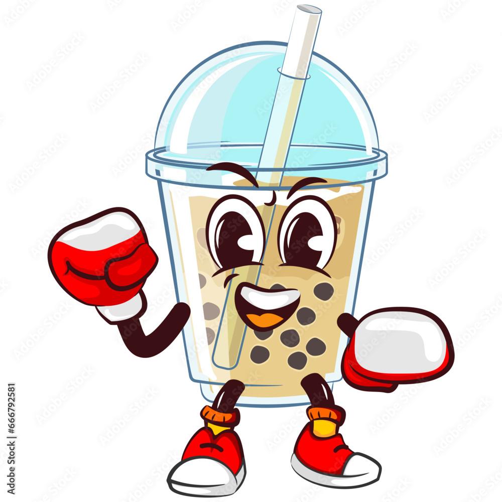 character mascot of a glass of boba ice with a funny face practicing ...