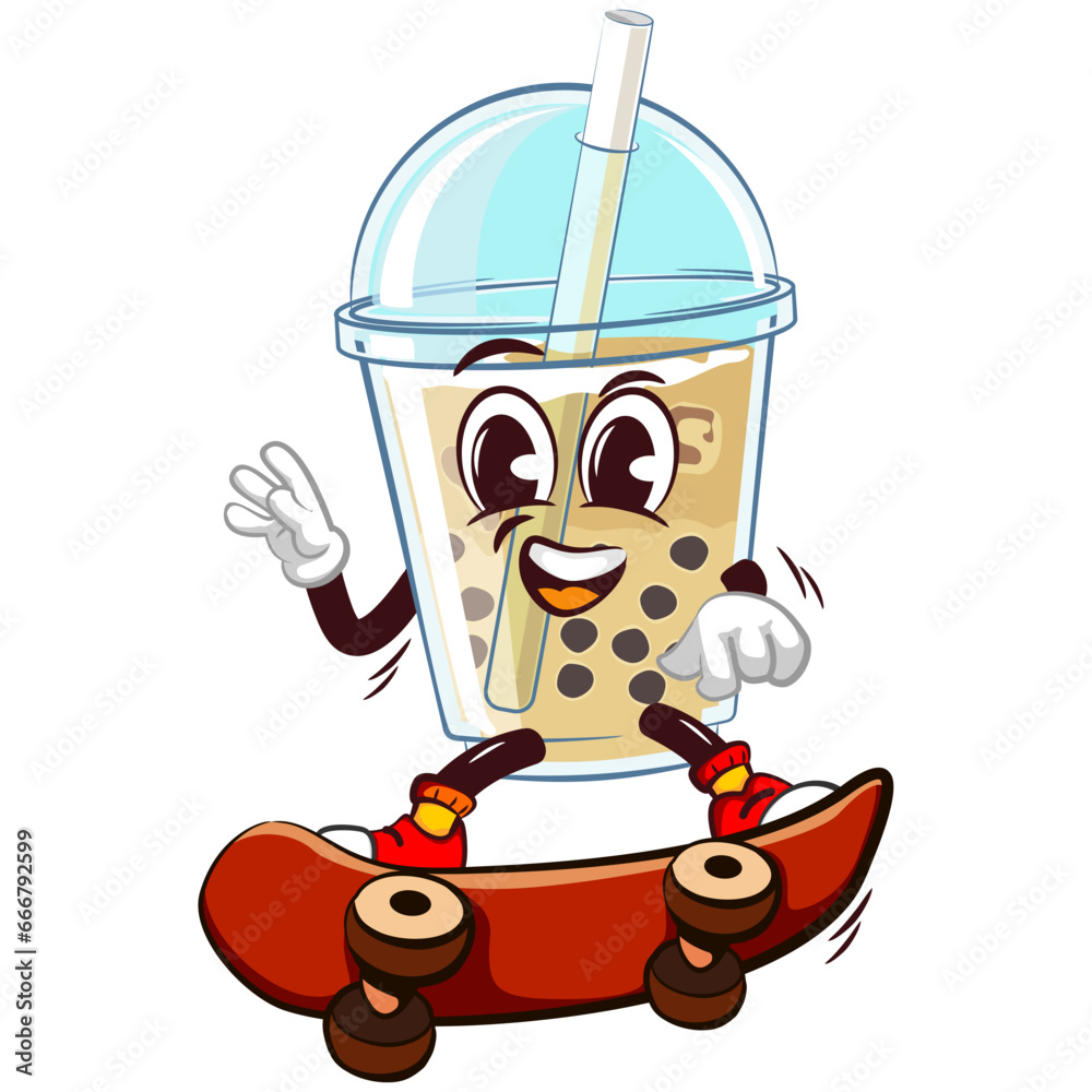 character mascot of a glass of boba ice with a funny face skating with ...