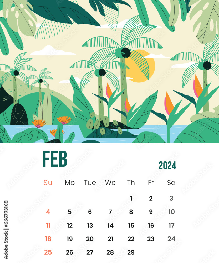 February Month calendar template for 2024 Year. Wall calendar in a ...