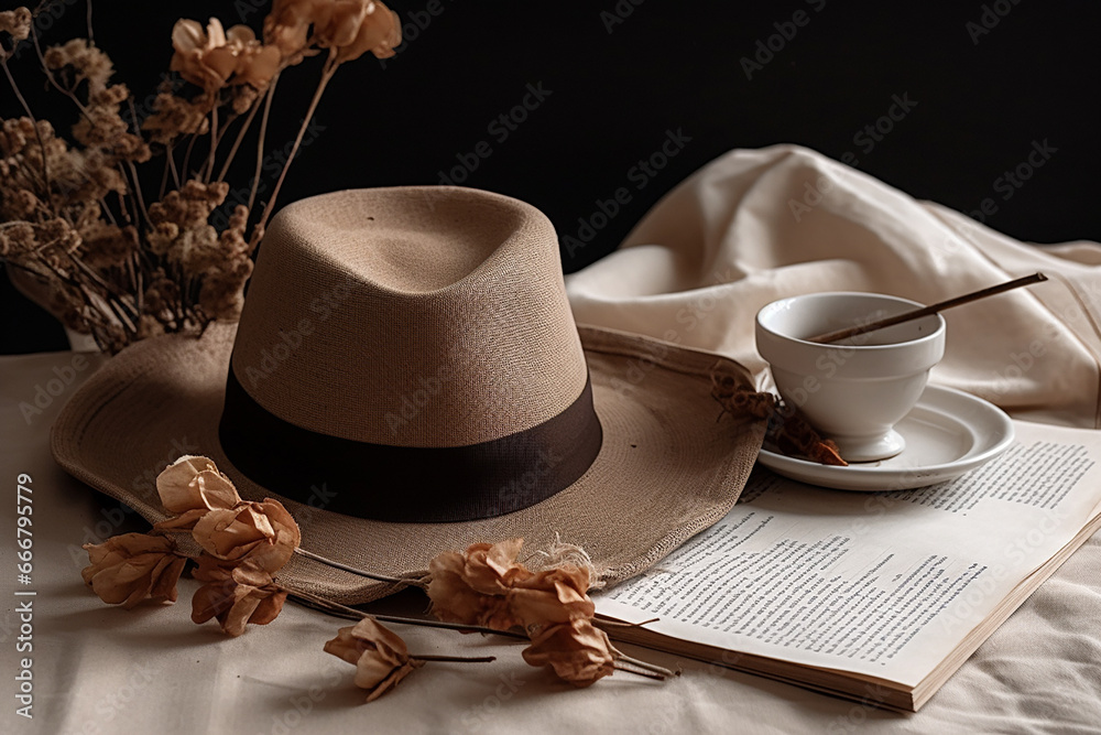 Cozy Hat, Coffee Cup, and Paper in Muted Earth Tones - Romantic ...