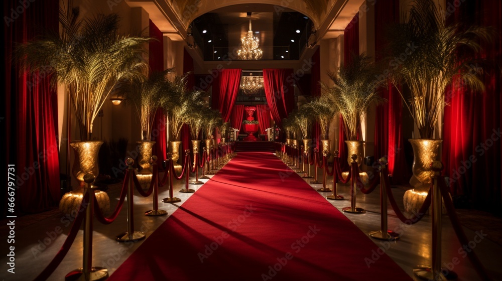 Hollywood glamour event with red carpet, velvet ropes, and golden ...