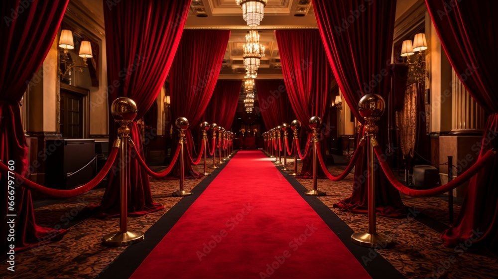 Hollywood glamour event with red carpet, velvet ropes, and golden ...