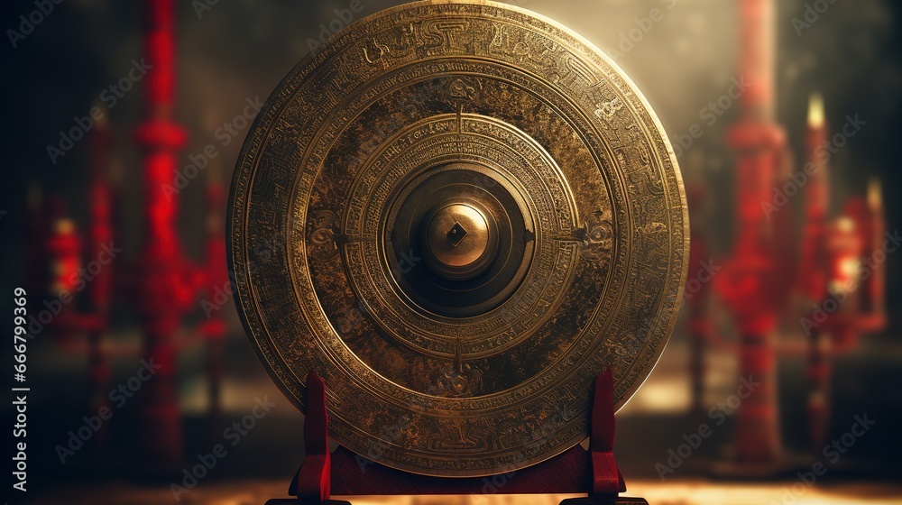 Golden Tibetan gong resting on a stand. Asian sound therapy for ...
