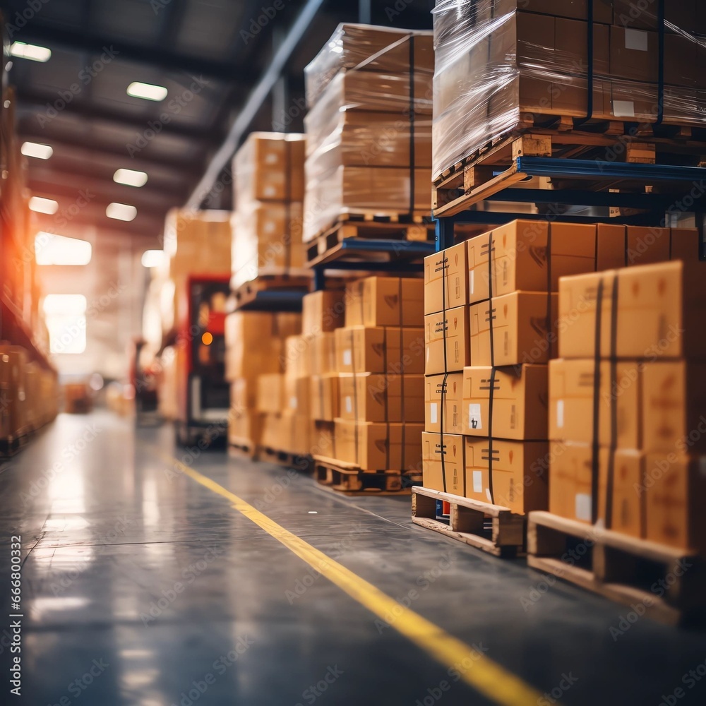 forklift in warehouse, Retail warehouse full of shelves with goods in ...