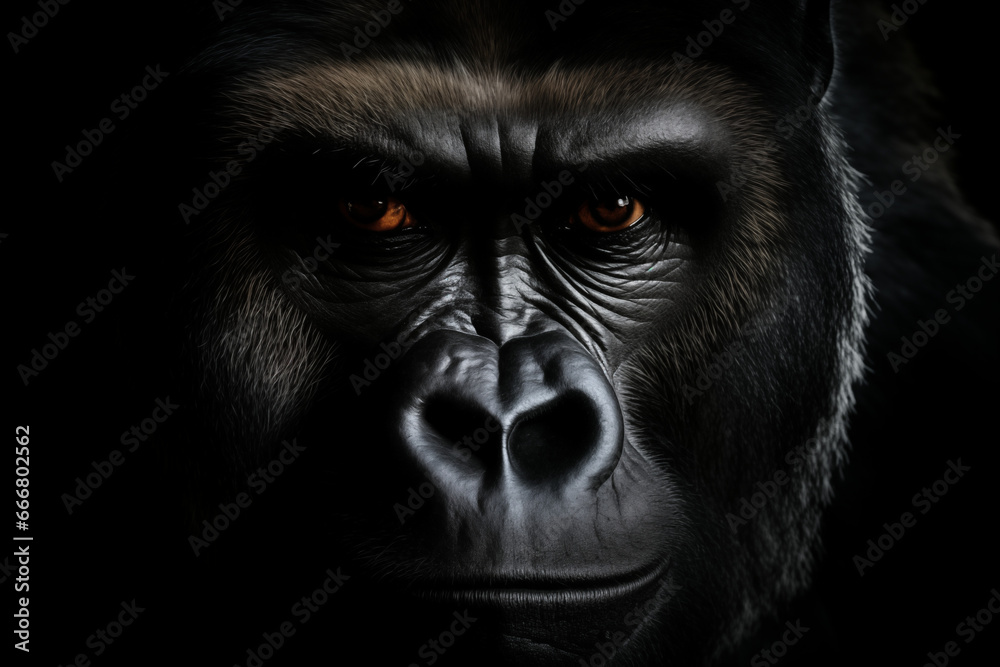 Behold the untamed intensity of a dark simian gaze, as a majestic ...