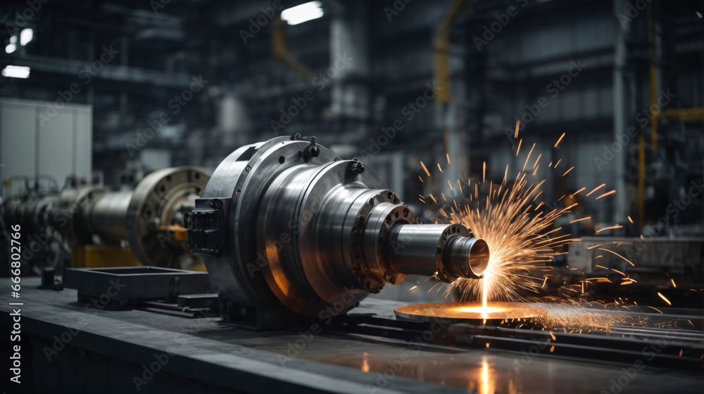 The CNC milling machine cutting the metal part with the sparking light ...