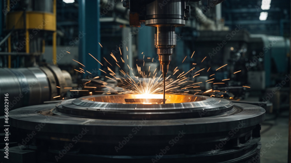 The CNC milling machine cutting the metal part with the sparking light ...