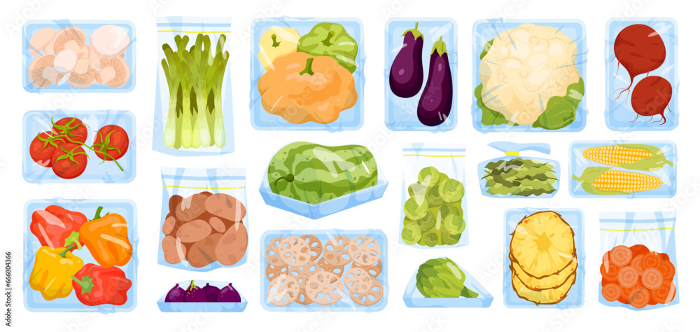 Vacuum bags and plastic trays for keeping food products set vector ...