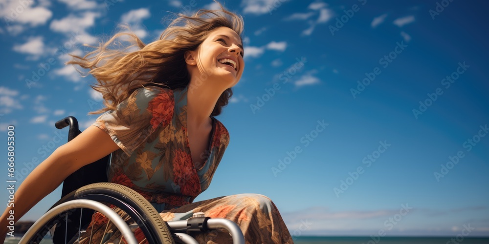beautiful excited woman in a wheelchair, outdoors, tropical, sunny, sea ...