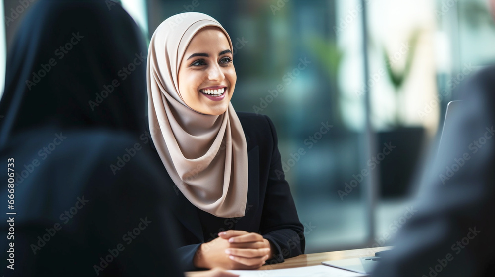 smiling middle eastern business woman with hijab talking with client ...