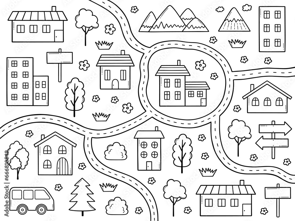 Kids town map doodle. City map with mountains, cars, forest, roads ...