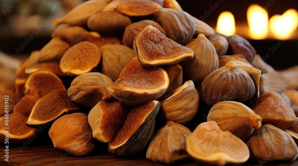 A pile of plump, dried figs, with their wrinkled surface and sweet ...