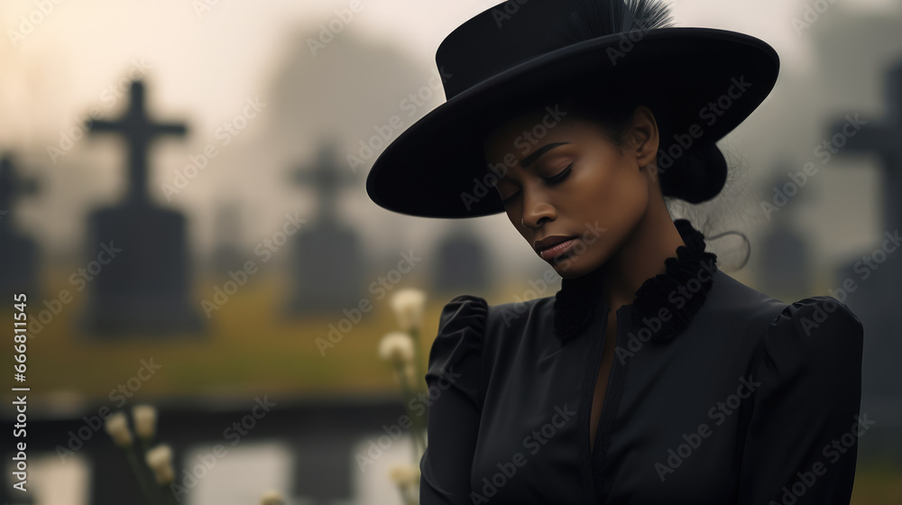 Portrait of a sadness beautiful black woman in a black coat on the ...