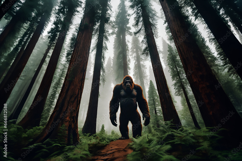 Footage of a bigfoot in a forest with very tall giant sequoia trees ...