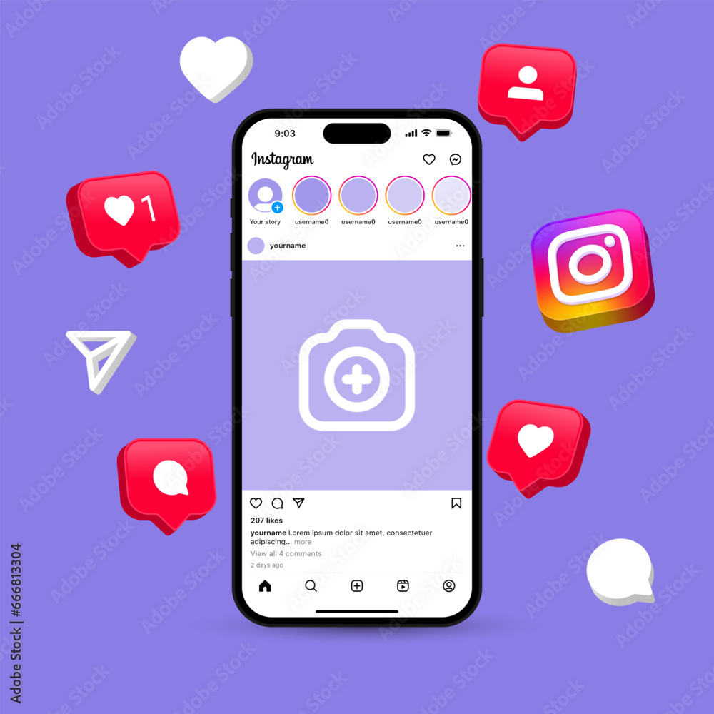 Vetor de instagram post frame mockup template and 3d heart like in ...