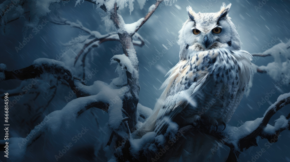 A northern owl sits on a tree branch in a blizzard. Animals in the wild ...