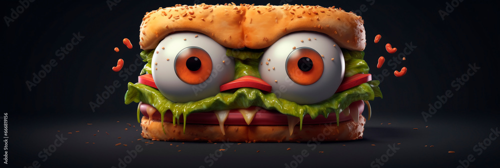 Banner with junk food concept. Evil sandwich is unhealthy. Theme : diet ...