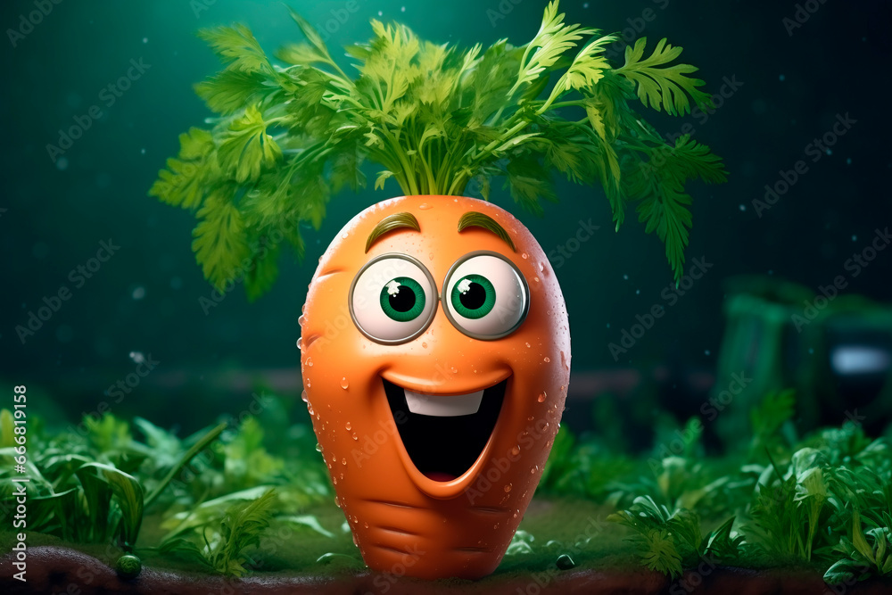 Carrot. Funny cartoon baby carrot with a kind face in the garden. Juicy ...