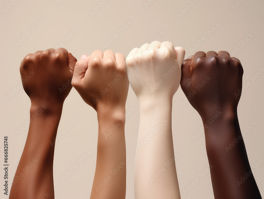 Varied skin color hands in fists and raised in the air, different skin ...