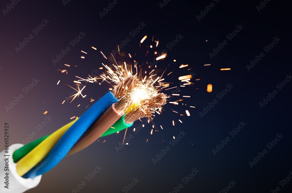 flame and sparks on electrical cable, hazard concept Stock Photo ...