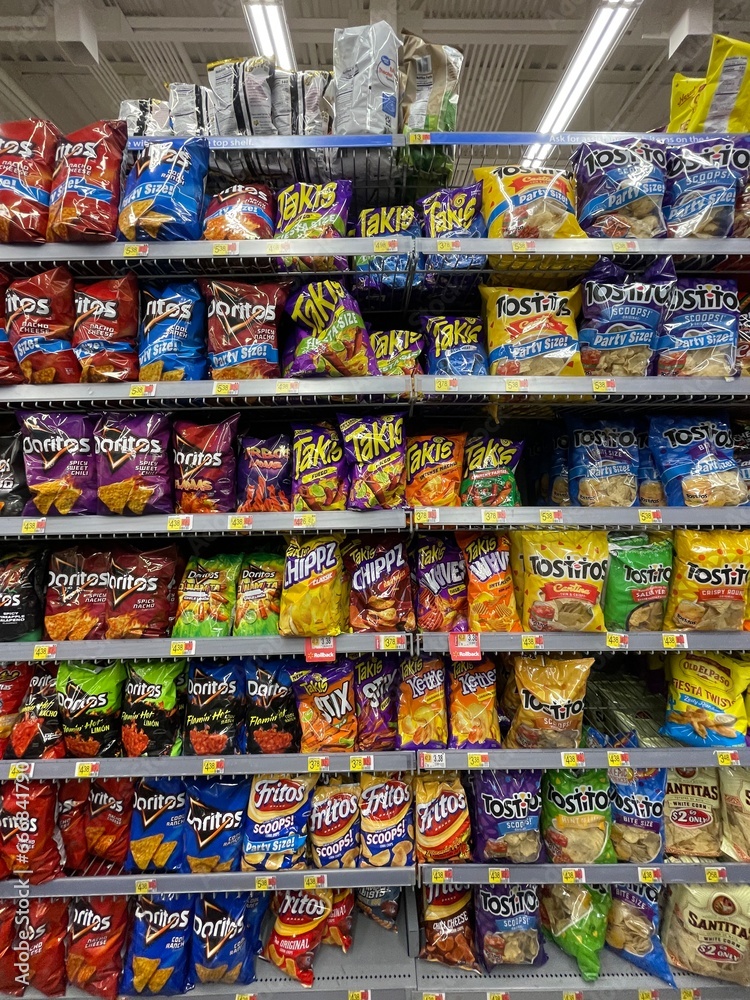 Walmart grocery store Doritos Takis chips section and prices Stock ...