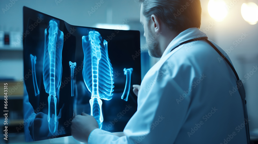 Orthopedic surgeon doctor examining patient's knee joint x-ray films ...