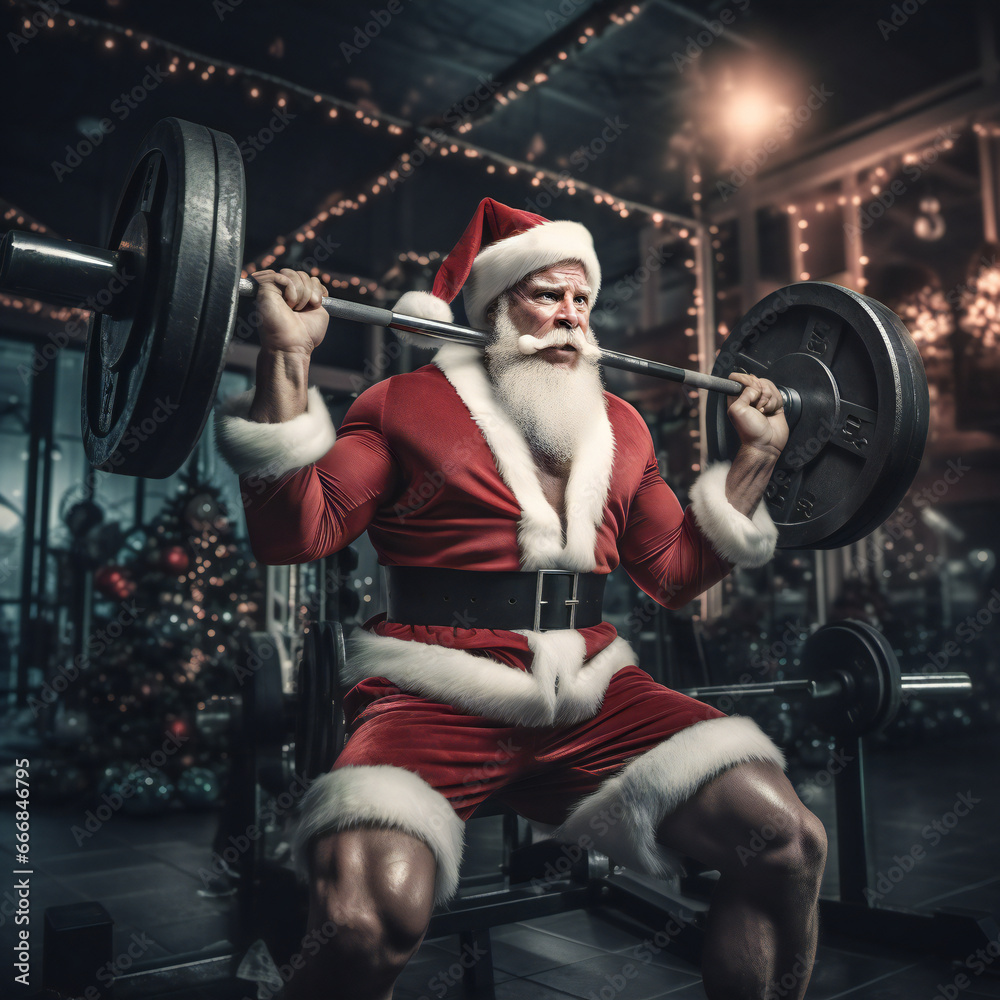 Photography Big muscular Santa Claus is Lift weights and exercise in ...