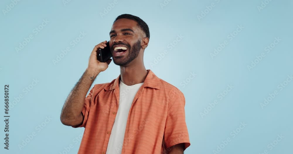 Phone call, funny and black man talking, conversation and joke in ...